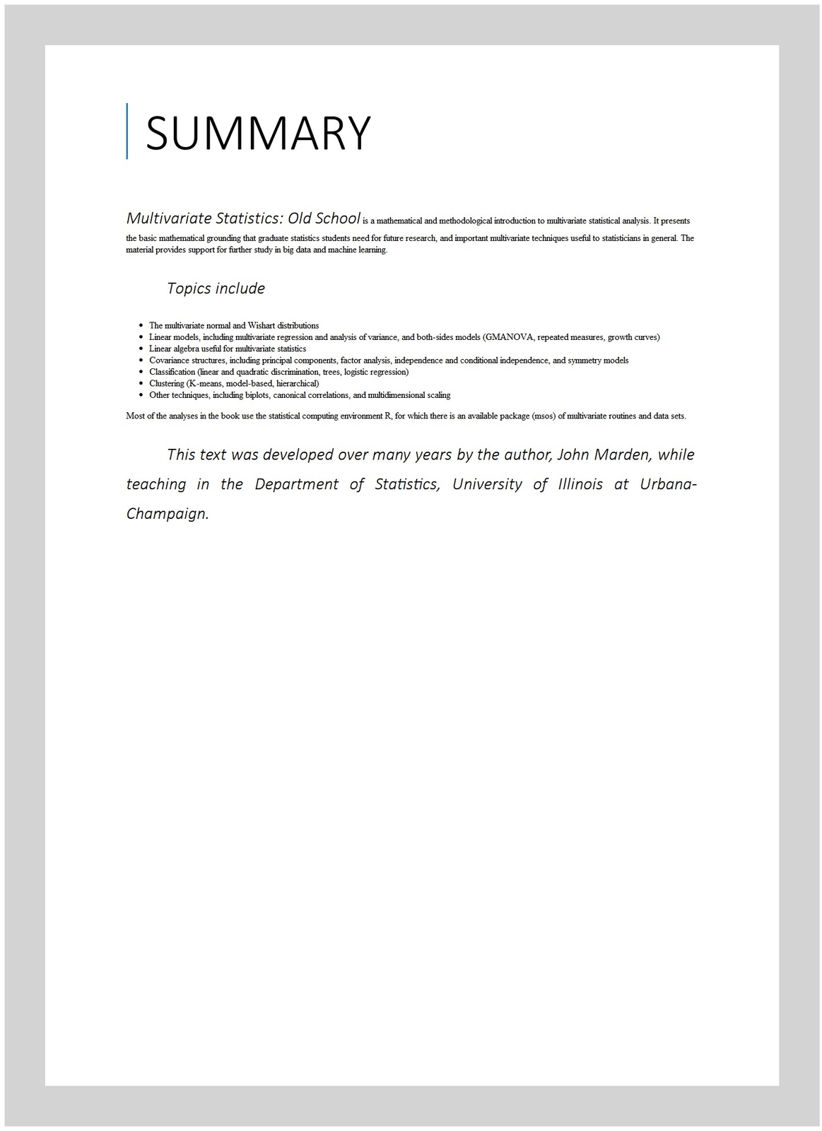 Multivariate Statistics: Old School : Mathematical and Methodological Introduction to ...