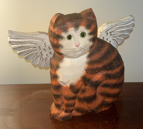 Vintage SIGNED James Haddon Calico Cat Angel Folk Art Carved Wooden ...