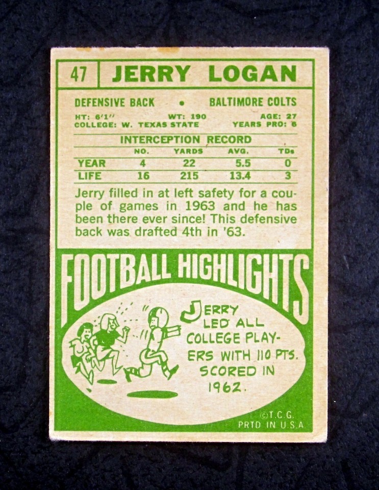 1968 TOPPS SET BREAK Jerry Logan #47 Baltimore Colts VG-EX | eBay