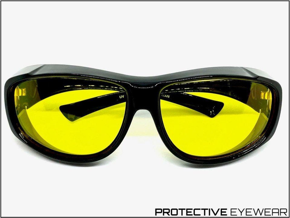 PROTECTIVE SAFETY Day or Night Driving Yellow Lens SUN GLASSES Over RX ...