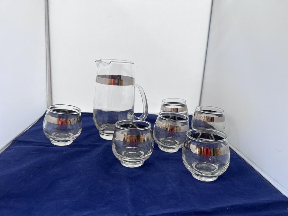 Vintage MCM Libbey Silver Band Small 6” Pitcher With Six Small Roly ...