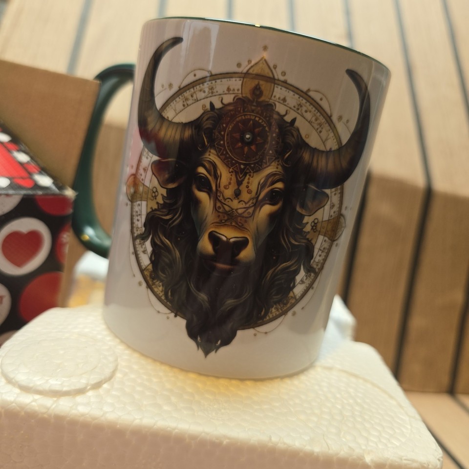 B Taurus Zodiac Sign Coffee Mug Green Inside Bull Graphic Tea Drink ...