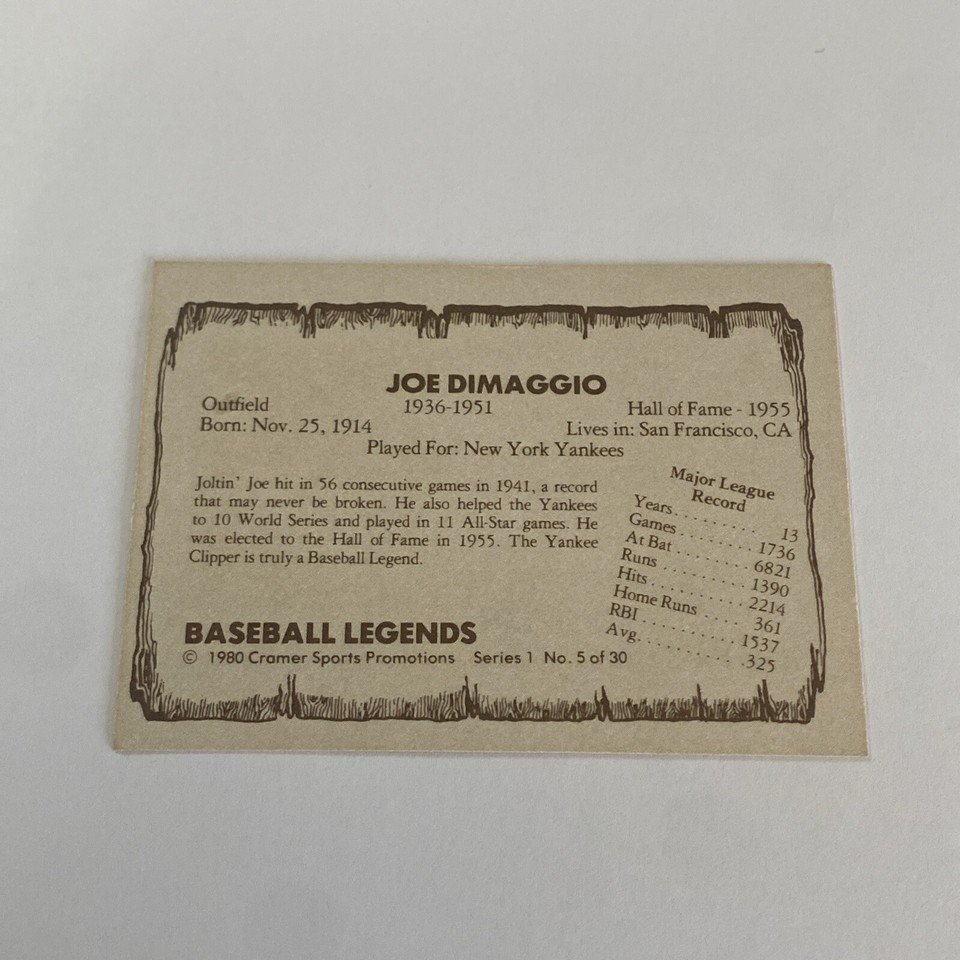 1980 Cramer Sports Legends Joe Dimaggio # 5 Series 1 | eBay