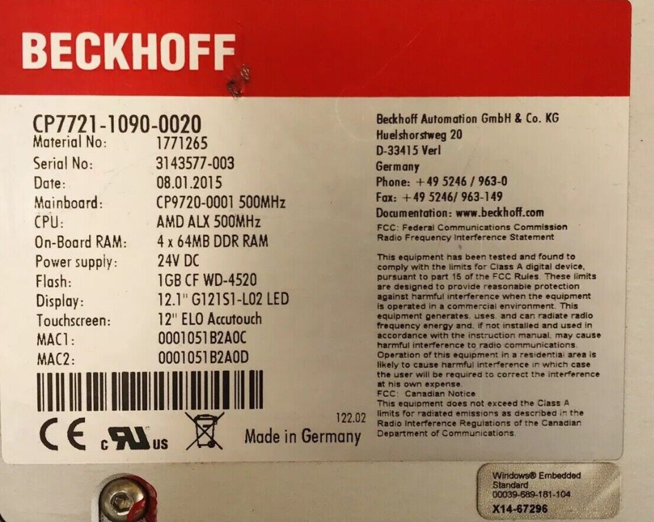 BECKHOFF CP7721-1090-0020 TUMPF LASER TOUCHSCREEN PANEL PC .12.1 ...