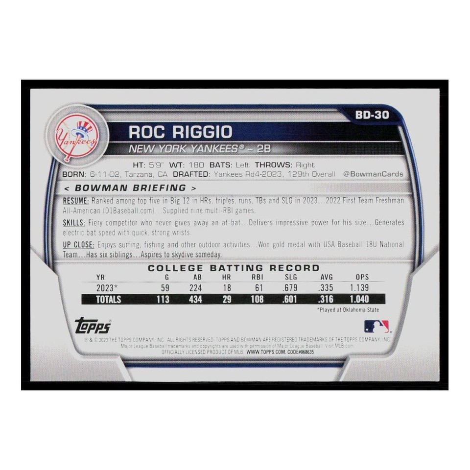 2023 Bowman Draft #BD-30 Roc Riggio Rookie New York Yankees Baseball ...