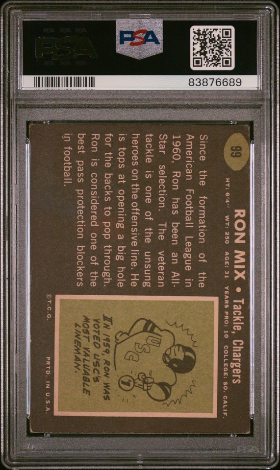 1969 Topps #99 Ron Mix NFL San Diego Chargers HOF - Authentic Vintage ...