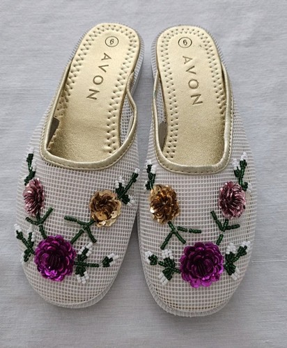 Vintage Avon Mesh Sequins Floral Embellished Mules Shoes Slip On Womens ...