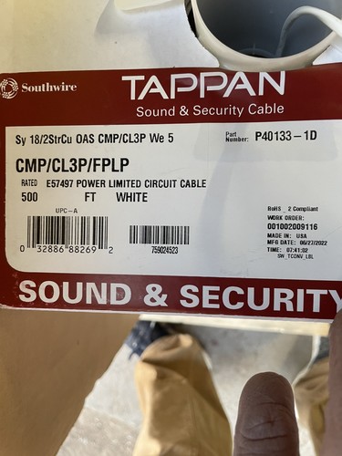 250ft Southwire/Tappan 18/2C Plenum Stranded Security/Alarm Cable CMP ...