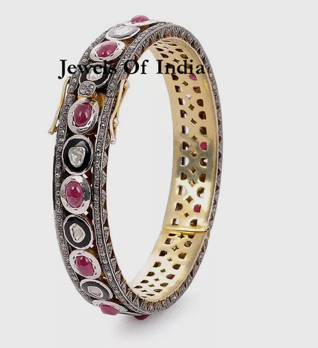 Victorian Natural Rose Cut Diamond & Polki Ruby 925 Sterling Silver Bangle | eBay