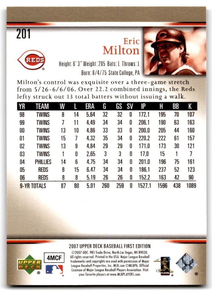 2007 Upper Deck First Edition Eric Milton Baseball Cards #201 | eBay