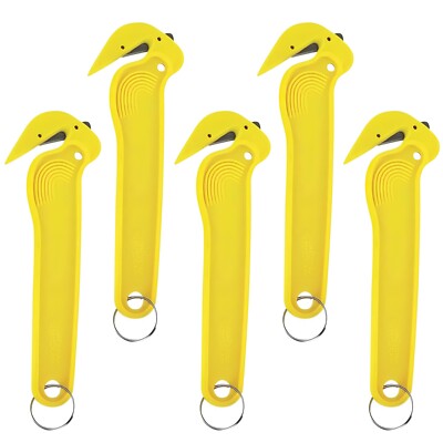 Yellow Box Cutter 5 Pack with 5 Coil Key Chains, Cardboard/Film Cutter ...