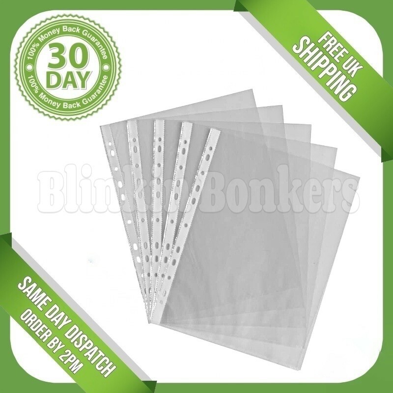 100 POLY POCKET STRONG CLEAR A4 PAPER SHEET PUNCHED FOLDER FILING ...