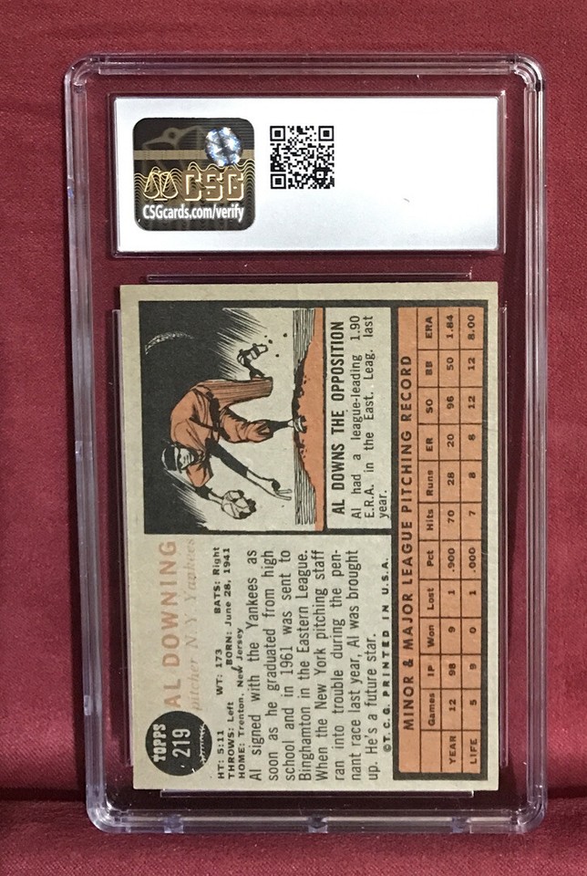 1962 Topps 219 Al Downing Rookie Card CSG 3 Yankees Vintage Baseball | eBay