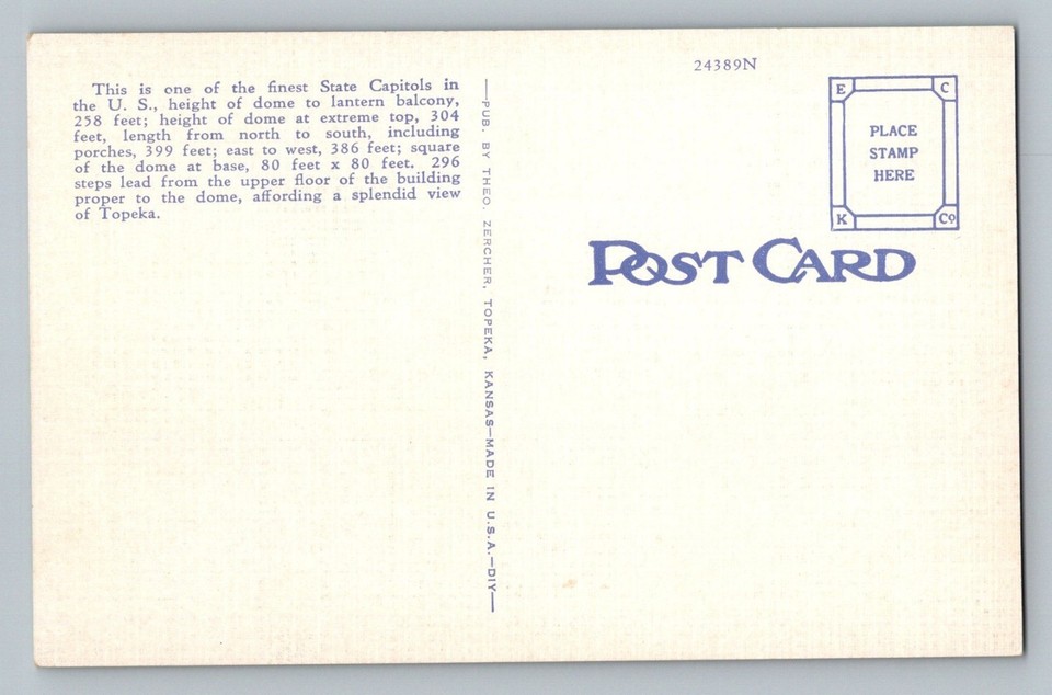 Topeka Kansas KS State Capitol Building View Vintage Linen Postcard ...