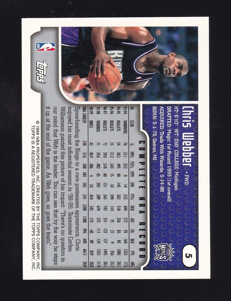 1999-2000 Topps Tip Off Chris Webber #5 Sacramento Kings | eBay