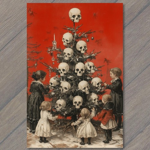 POSTCARD Gothic Christmas Tree Skulls Red Background Victorian Children ...