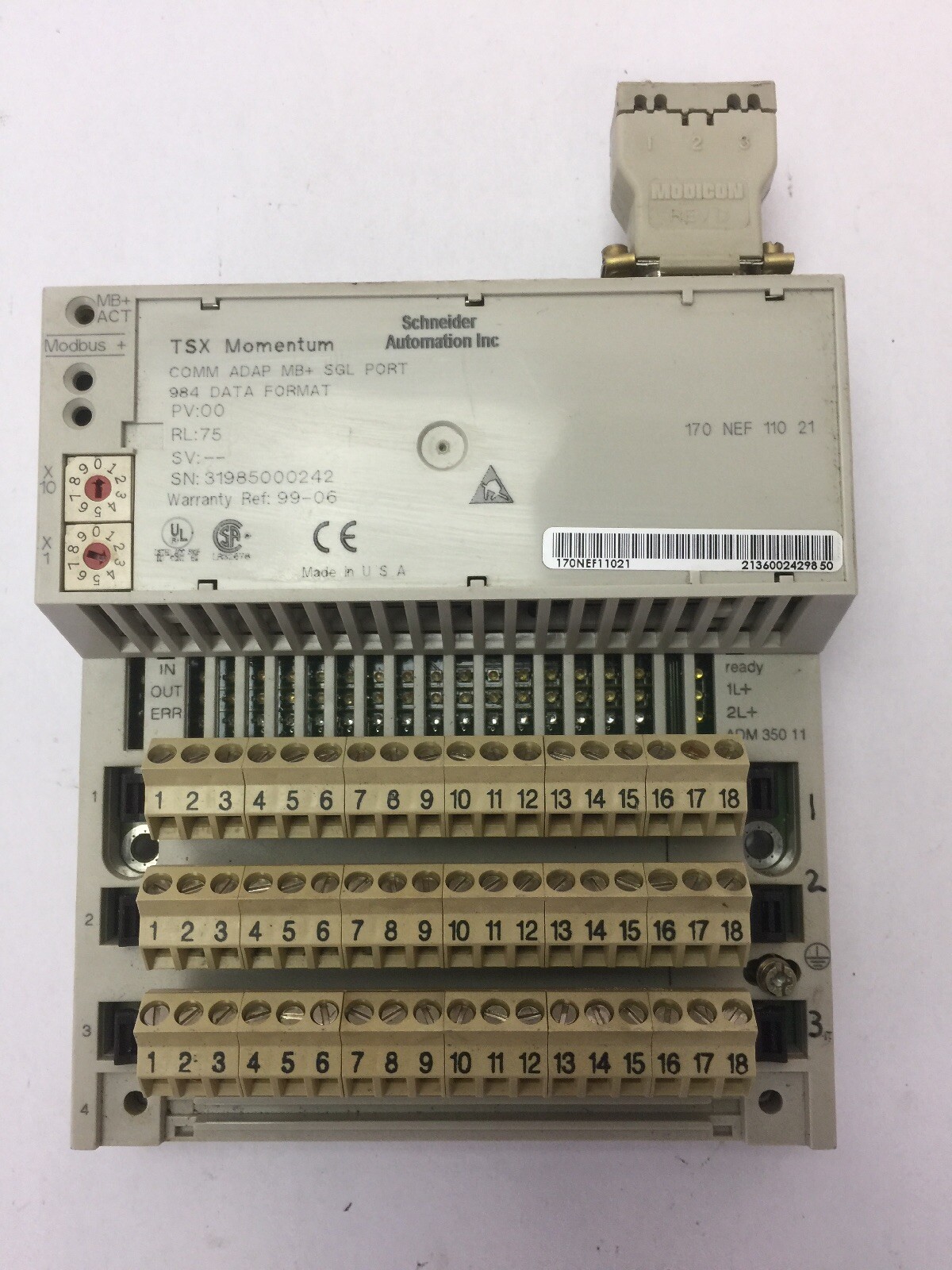 SCHNEIDER TSX MOMENTUM 170ADM35011 I/O BASE 24VDC 170NEF11021 COMM ADAP ...