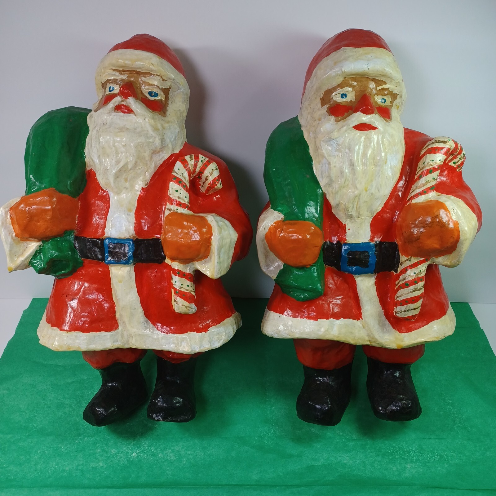 Vintage Paper Mache Santa Claus Pair Red Suit Candy Cane Trim Sack 12.5 ...