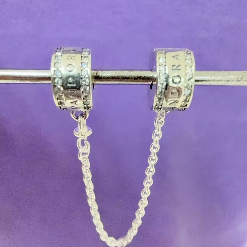 Genuine Pandora Moments Logo Safety Chain Pave Row CZ Clip Charm ...