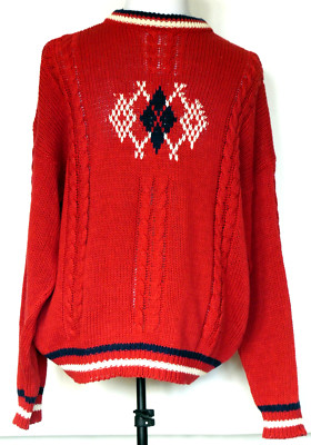 Scandic Red 100% Cotton Cable Knit Argyle Design Sweater L Made in ...