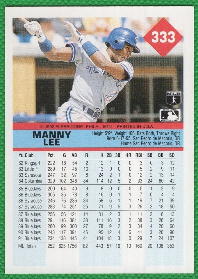Manny Lee - 1992 Fleer #333 - Toronto Blue Jays Baseball Card | eBay