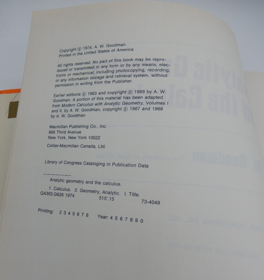 Analytic Geometry and the Calculus Hardcover 1974 by A. W. Goodman ...