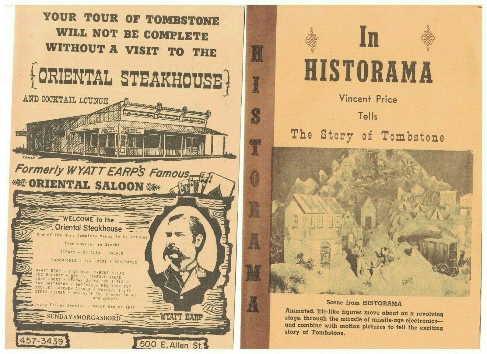 Tombstone Arizona Brochure Lot 1971 Vincent Price Wyatt Earp Historama ...