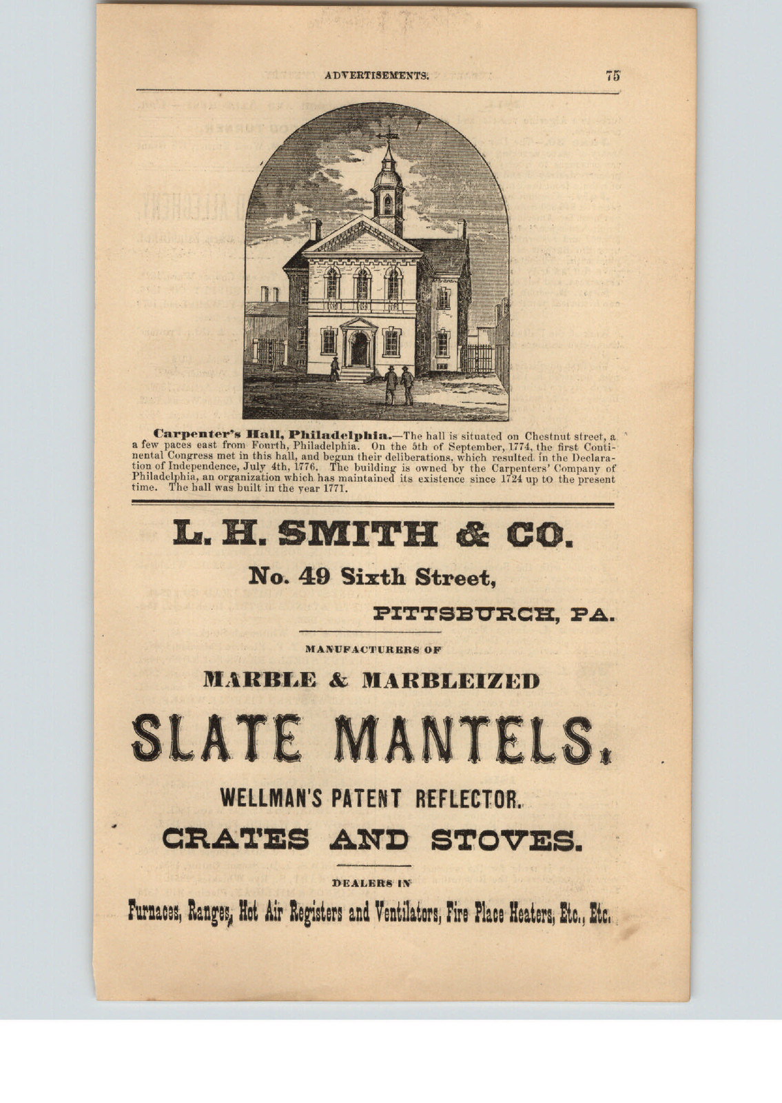 1876 PAPER AD Carpenter's Hall Philadelphia LH Smith Slate Mantels ...