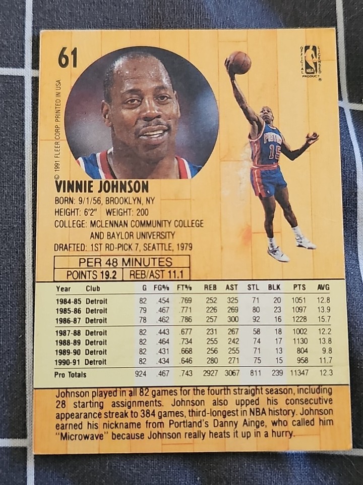 1991-92 Fleer Detroit Pistons Basketball Card #61 Vinnie Johnson | eBay