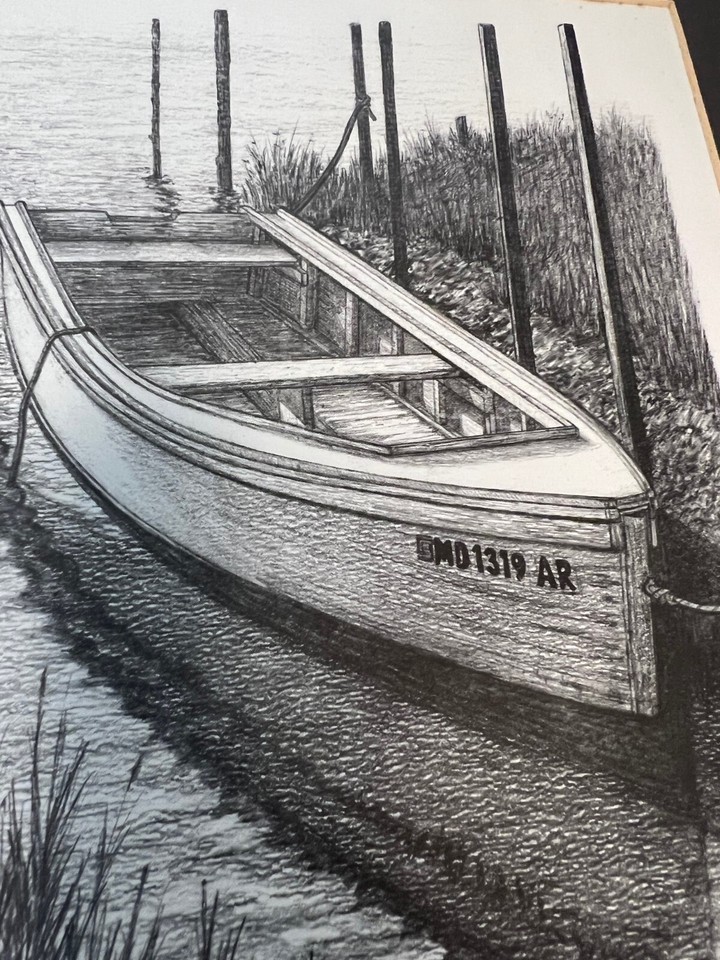 Vintage Pencil Drawing "Skiff" 7/100 Signed Casey W. Foltz(?) Boat Lake ...