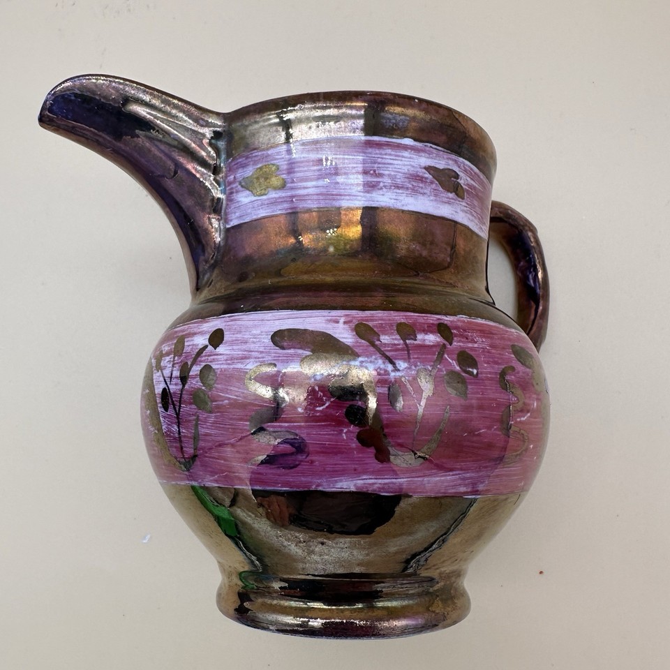 Pink Gold Lusterware Hand-Painted Ceramic Pitcher 4” Glossy Art Pottery ...