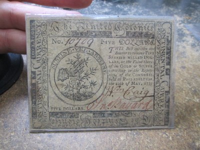 US 1775 5 DOLLARS CONTINENTAL CURRENCY COLONIAL NOTE PHILADELPHIA GREAT ...