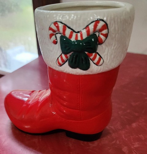 VTG Santa's Boot Canes Christmas Vase Planter Red Hand Painted Ceramic ...