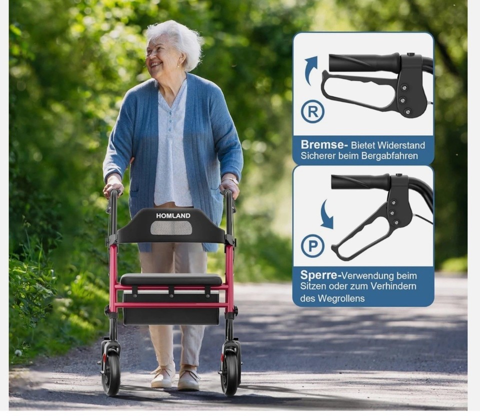 HOMLAND Foldable Rollator Walkers with Seat for Seniors, 8'' Big Wheels ...