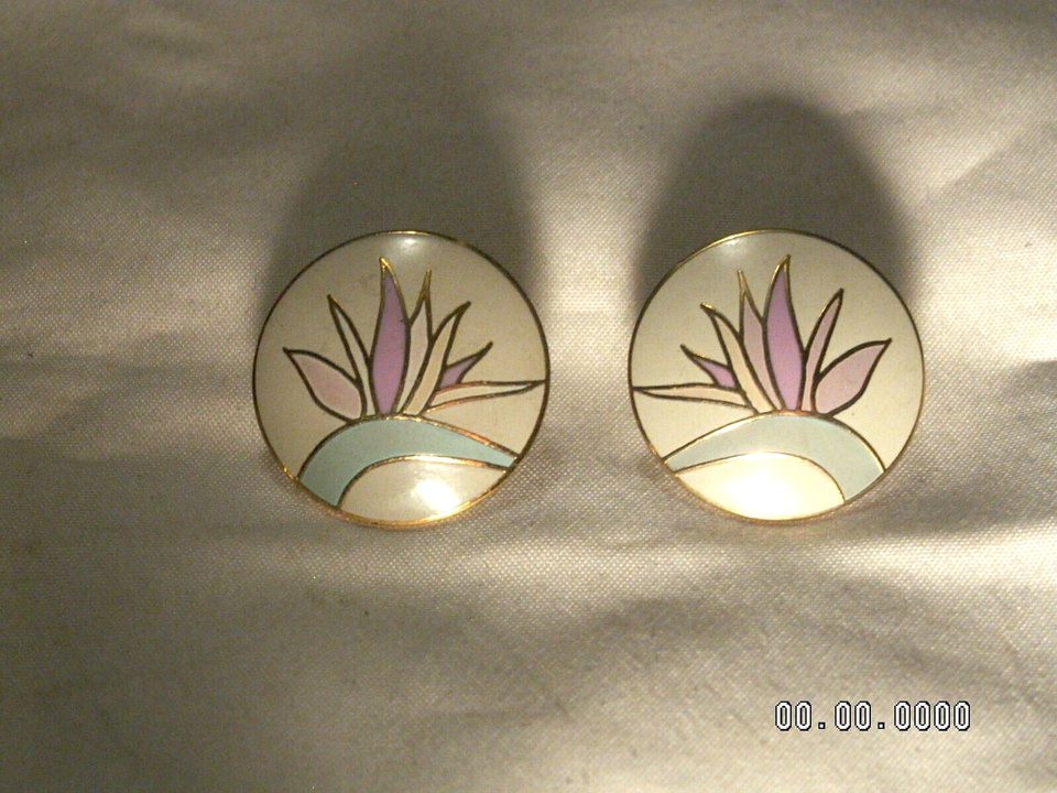 Vintage Laurel Burch Color Oro, Smalto Bombato Floreale Orecchini a ...