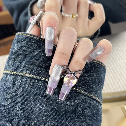 10PCS Handmade Fake Nail Aurora Shiny Coffin Long Press on Nails for ...