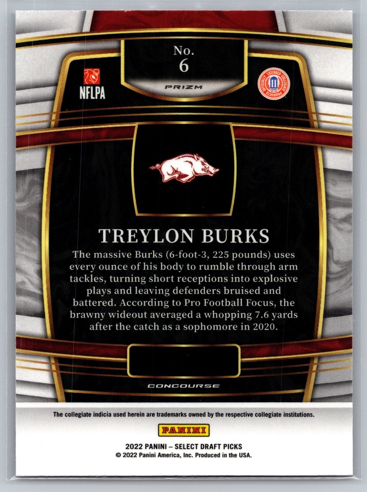 2022 Select Draft Picks Treylon Burks Rookie Silver #6 Arkansas ...