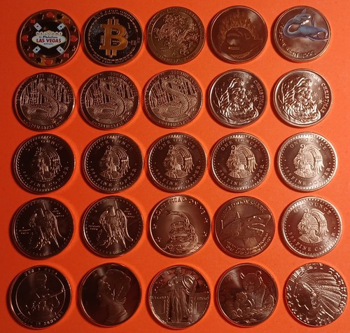 25 - 1 OUNCE COPPER ROUNDS MIXED LOT ANTIQUED, COLORIZED, & LOW MINTAGE ...