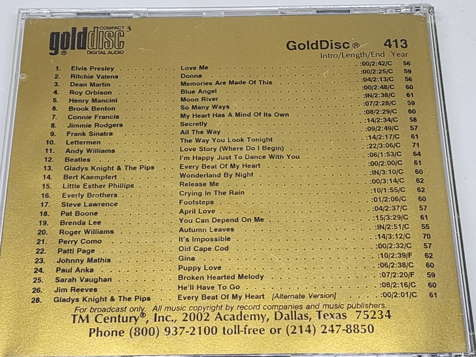 TM Century Gold Disc 413 CD Promo Rare Roy Orbison Gladys Knight ...