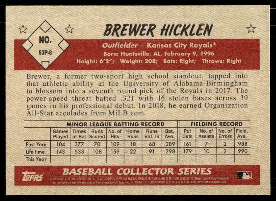 2019 Bowman Heritage Prospects Brewer Hicklen Auto Kansas City Royals ...