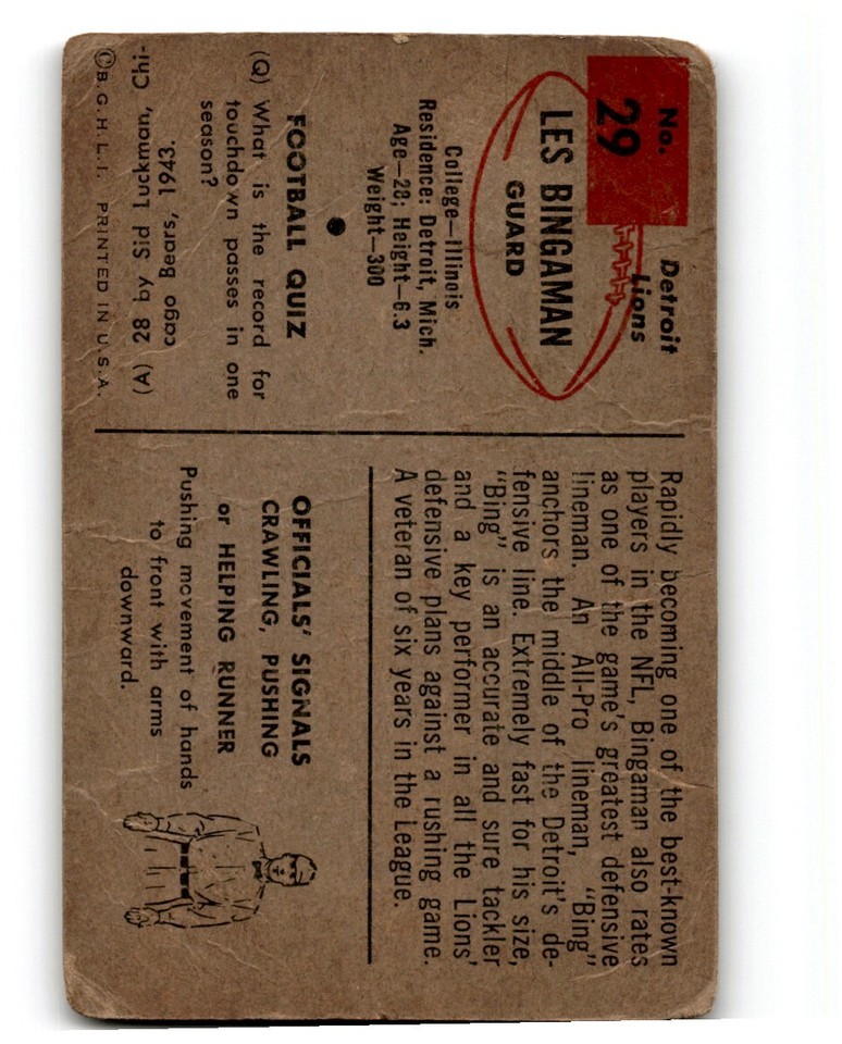 1954 BOWMAN LES BINGMAN DETROIT LIONS #29 | eBay