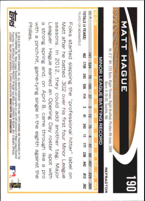 2012 (PIRATES) Topps Chrome Orange Refractors #190 Matt Hague | eBay