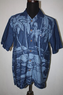Rix Hawaiian Aloha Shirt Sz L Blue Beach Palms Outriggers Cotton USA ...