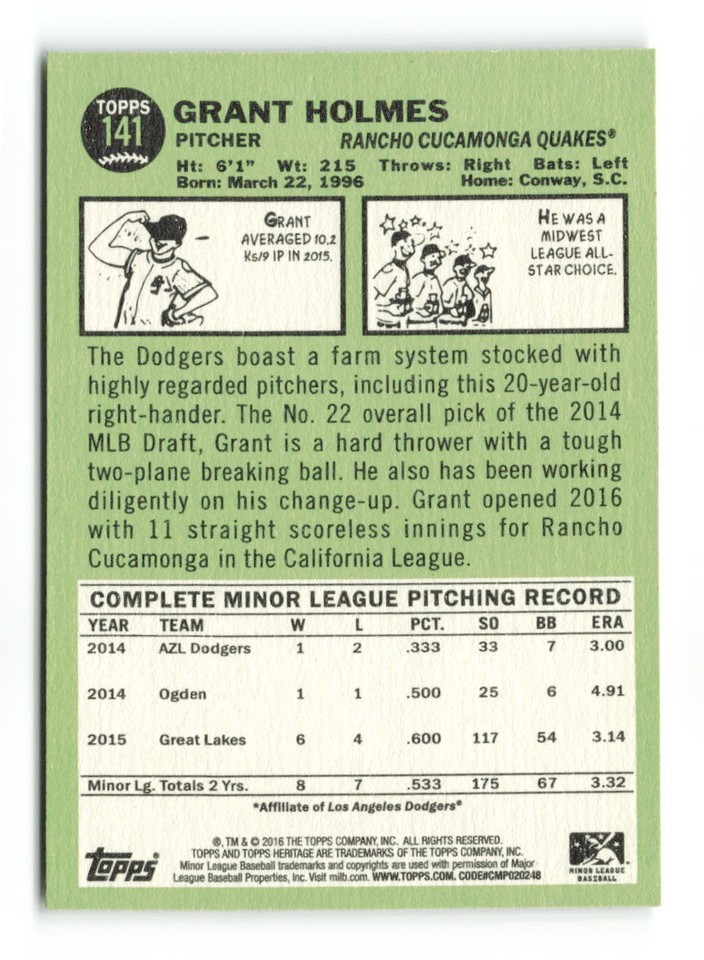 2016 Topps Heritage Minor League Grant Holmes #141 Rancho Cucamonga ...