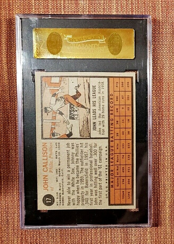 1962 Topps #17 Johnny Callison Philadelphia Phillies Baseball Card SGC ...