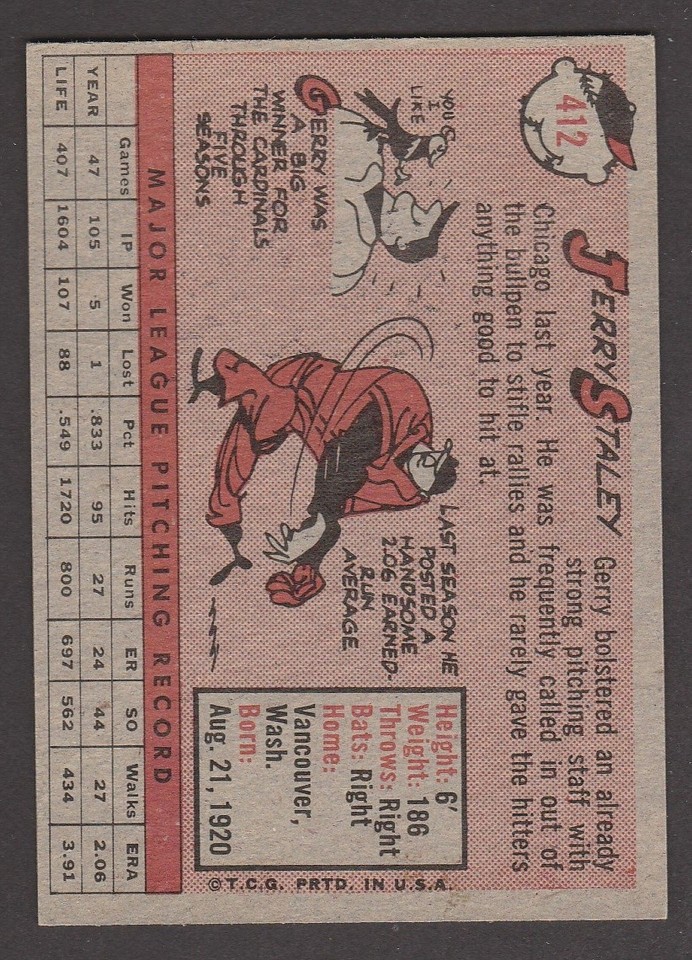 1958 TOPPS BASEBALL # 412 JERRY STALEY INV J2130 | eBay