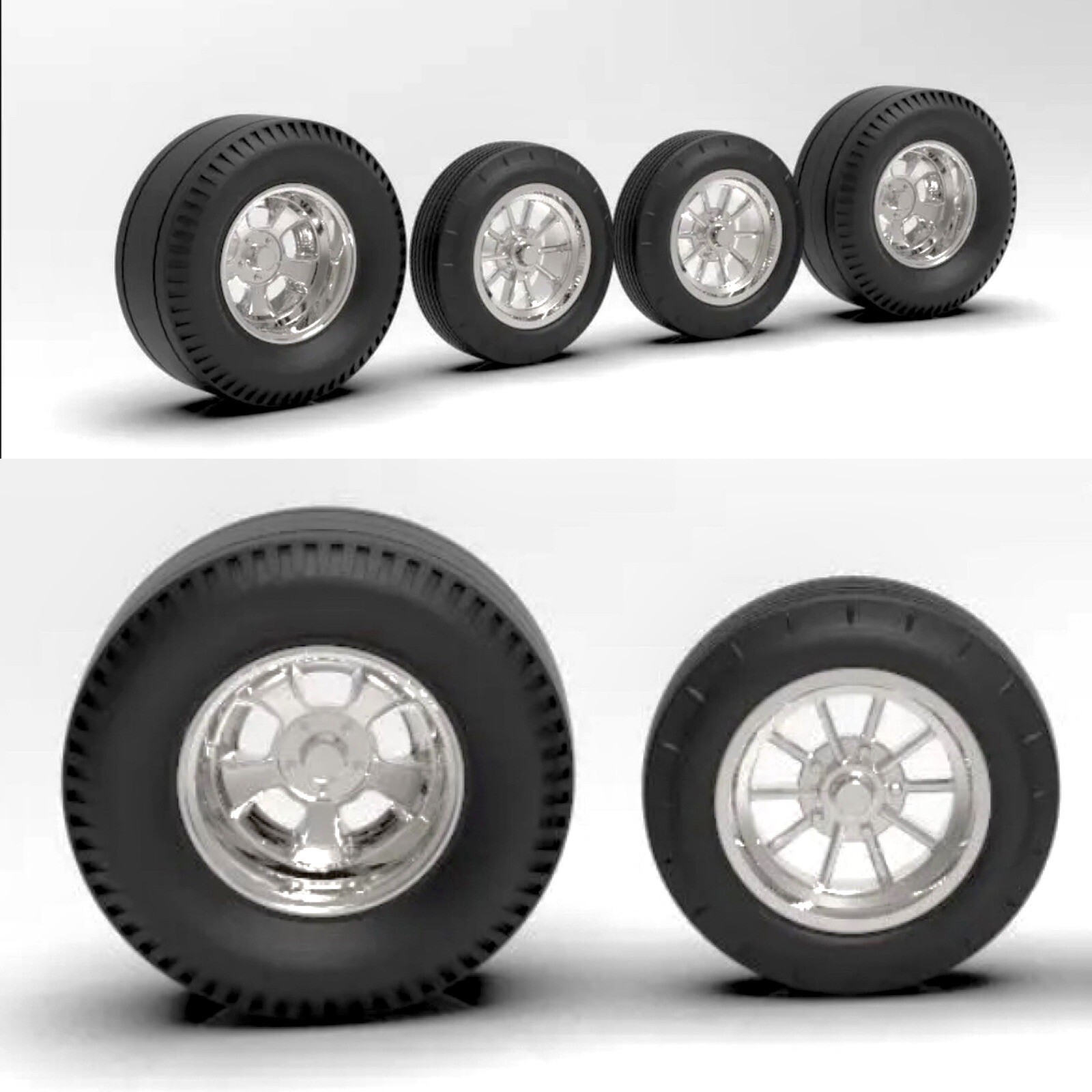 1:12 Halibrand Rear and Ten Spoke Front wheels. Pie Crust rear/Coker ...