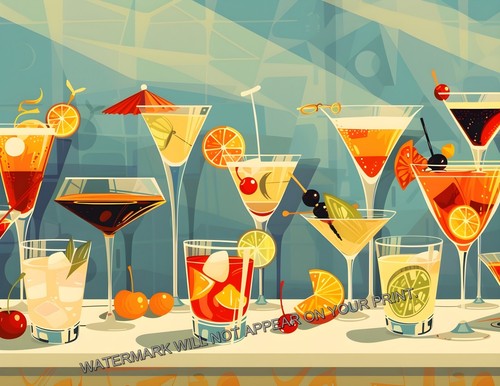 Martini Bar Cocktail Liquor Drinks Mid Century Modern Giclée Art Print ...