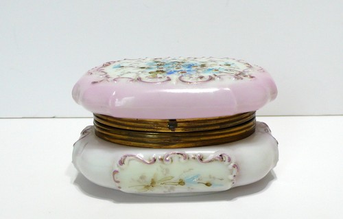 Antique CF Monroe WaveCrest Rectangular Pink Opal Glass Dresser Box Blue Flowers | eBay
