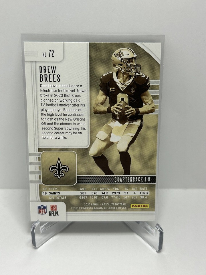 2020 Panini Absolute Football Drew Brees Base Card #72 New Orleans ...